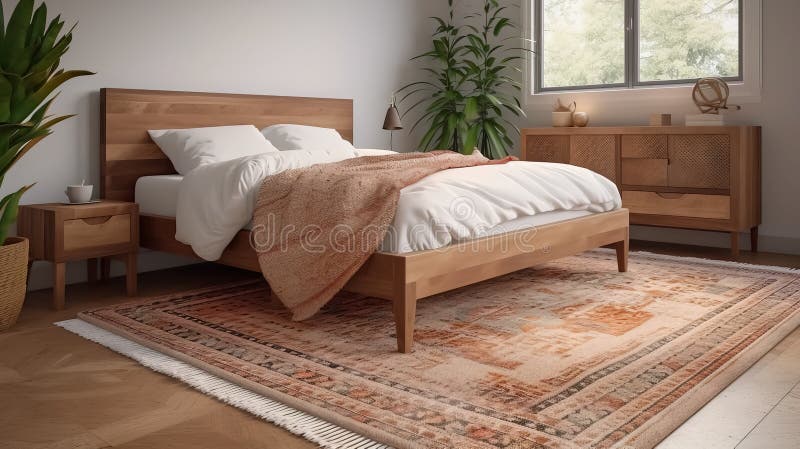A Bedroom with a Teak Wood Bed Frame, a Geometric Patterned Rug ...