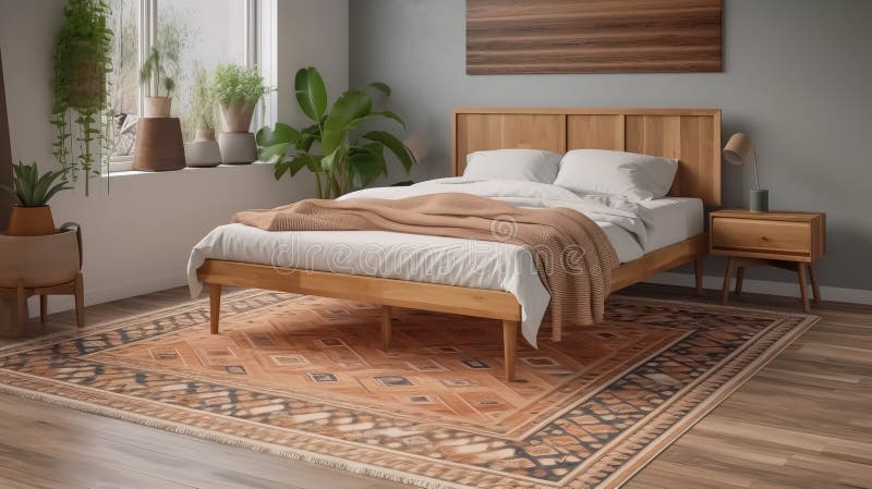 A Bedroom with a Teak Wood Bed Frame, a Geometric Patterned Rug ...