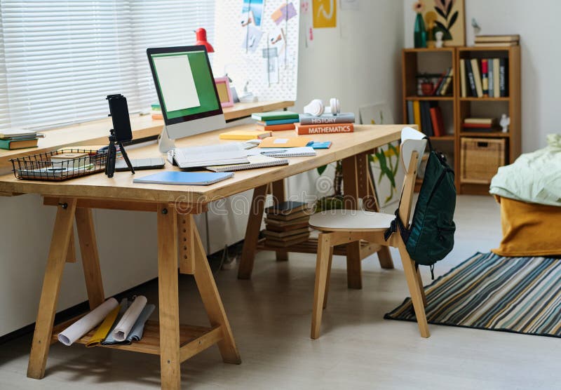 Bedroom of Teenager with Workplace Stock Image - Image of textbook ...
