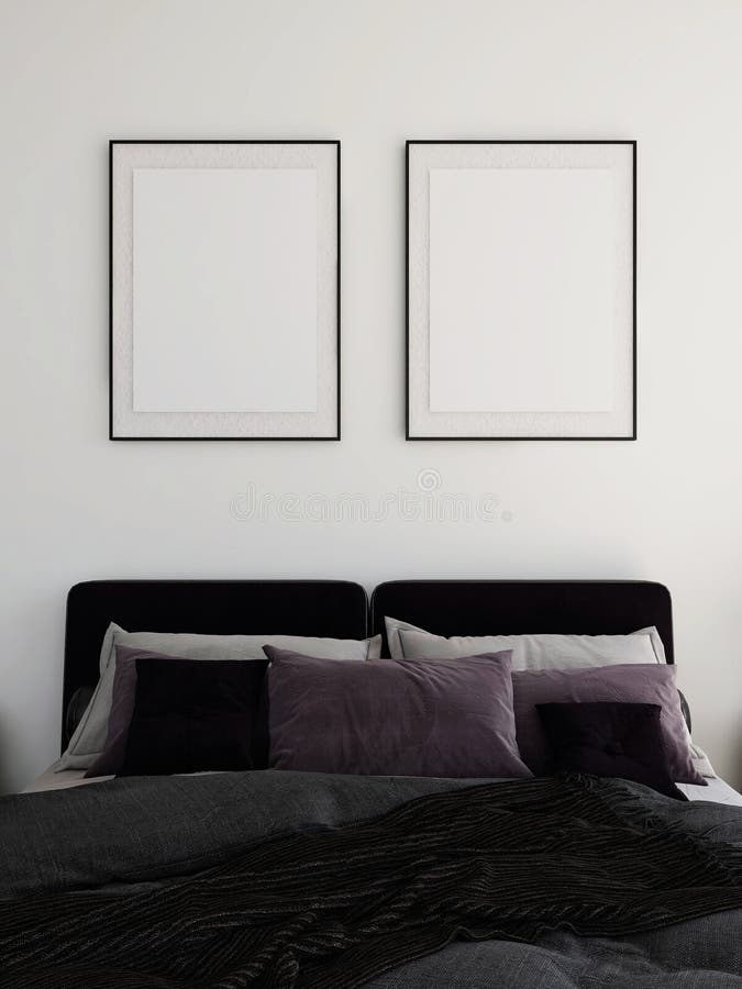 Bedroom with Two Vertical Frame Mockups and Bed with Multiple Pillows ...