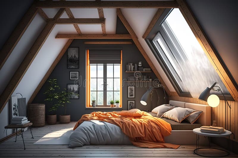 Bedroom Under the Roof Interior Design Modern& Loft - 3D Render Stock ...