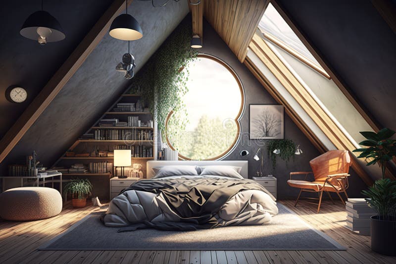 Bedroom Under the Roof Interior Design Modern& Loft - 3D Render Stock ...