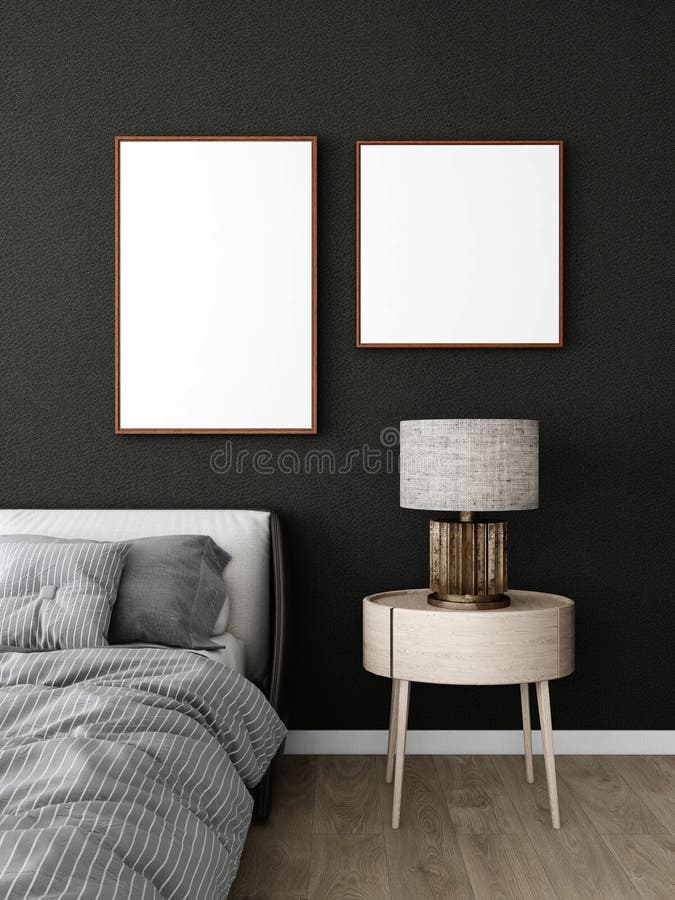 Bedroom with Vertical and Square Frame Mockups on a Black Wall and ...