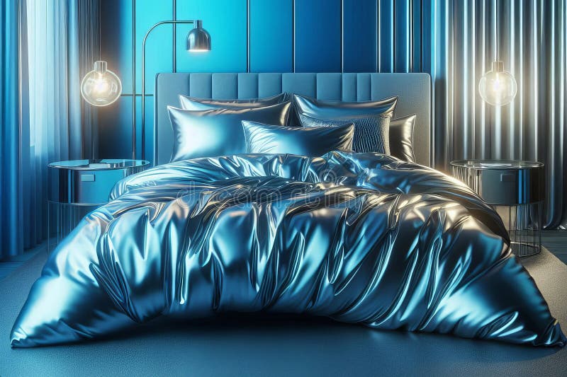 A Bedroom with a Vibrant Blue Color Scheme. the Bed is Covered with a ...