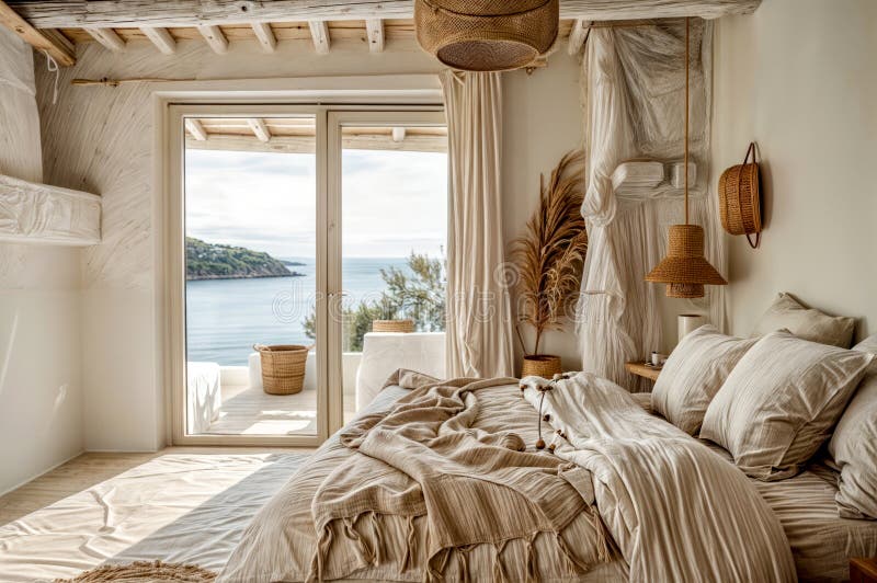 Bedroom with View of the Ocean and Bed with Canopy. Generative AI Stock ...