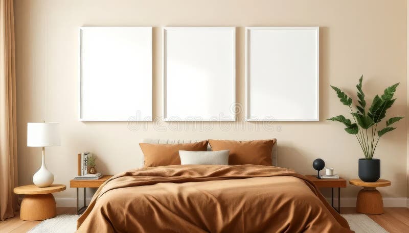 Bedroom with a White Bed and Three White Picture Frames on the Wall ...