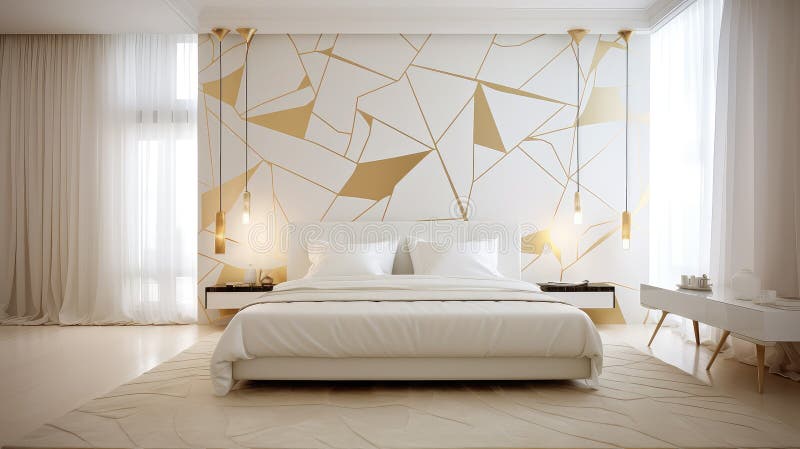 Bedroom White and Gold Wallpaper Stock Illustration - Illustration of ...