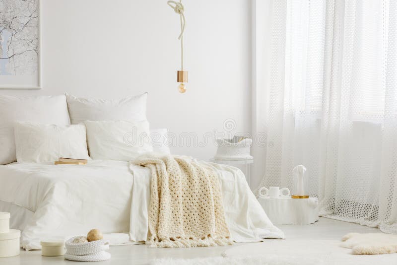Bedroom with windows stock image. Image of blanket, bulb - 118425019