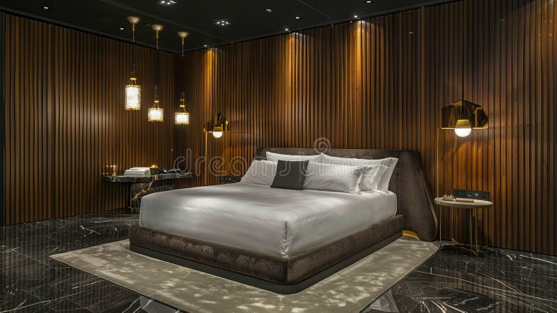 A Bedroom with Wood Paneling and Marble Floors Stock Image - Image of ...