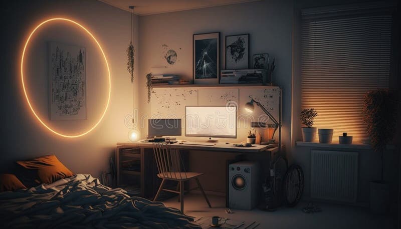 Workspace Inside a Bedroom with Minimal Lighting Stock Illustration ...