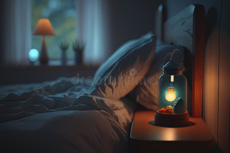 Bedside Lamp Dim Lighting at Night Stock Illustration - Illustration of ...