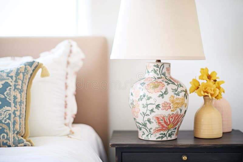 Bedside Lamp with Floral Patterns on Shade in a Feminine Bedroom Stock ...