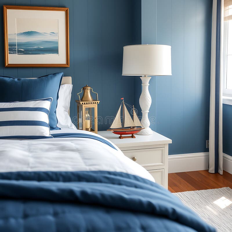 A Bedside Table in a Nautical Themed Room with Blue Accents a Lantern ...