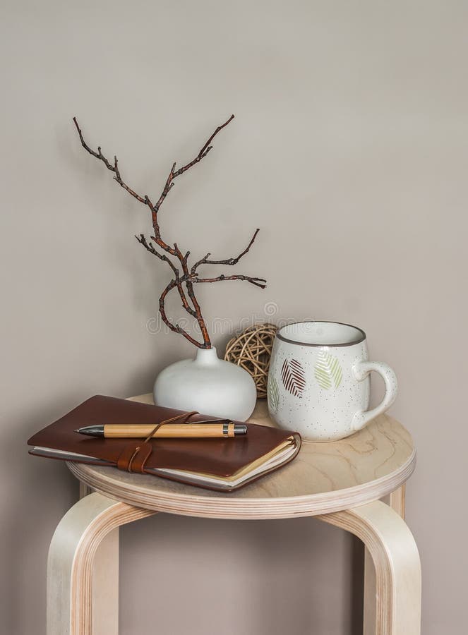 Bedside Table with Notepad, Mug, Vase with a Twig in Scandinavian Style ...