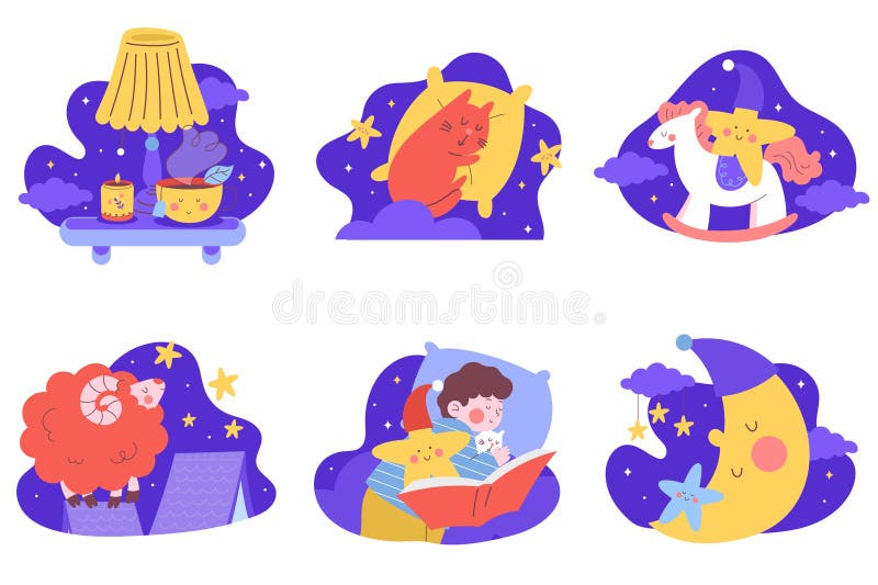 Bedtime Compositions Set in Hand Drawn Design Stock Illustration ...