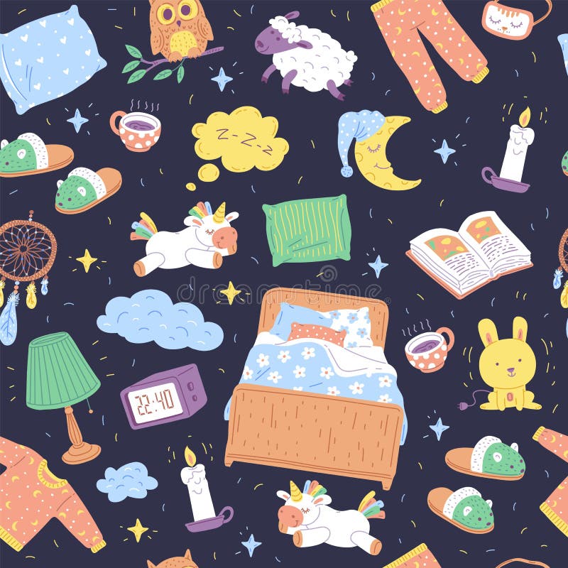 Bedtime and Dreams - Cute Childish Seamless Pattern, Flat Vector ...