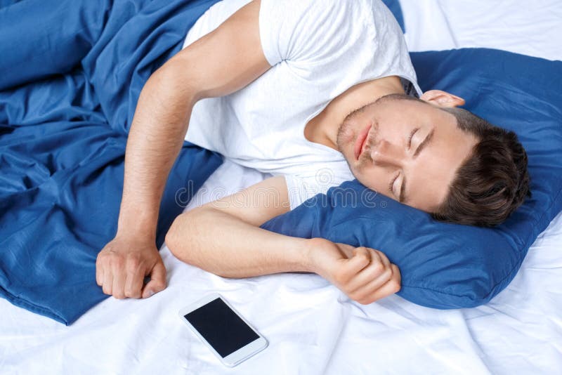 Bedtime. Guy Sleeping Peaceful on Bed Top View Stock Image - Image of ...