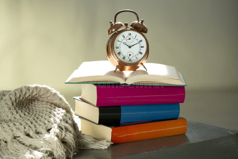 Bedtime Reading, Alarm Clock and Books Stock Image - Image of open ...