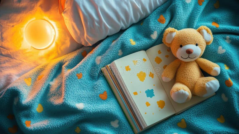 Bedtime Story with Teddy Bear and Moon Lamp Stock Illustration ...