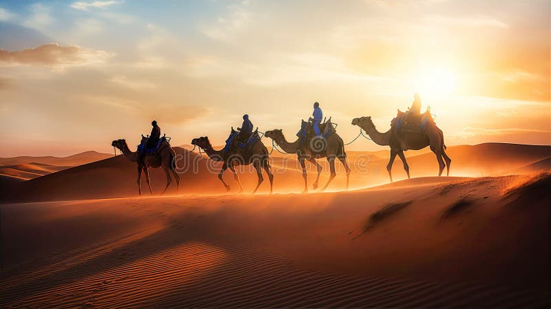 Beduin S Caravan in African Desert at Sunset Stock Illustration ...