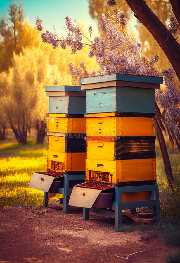 Bee Apiary with Bees. AI Generated Stock Illustration - Illustration of ...