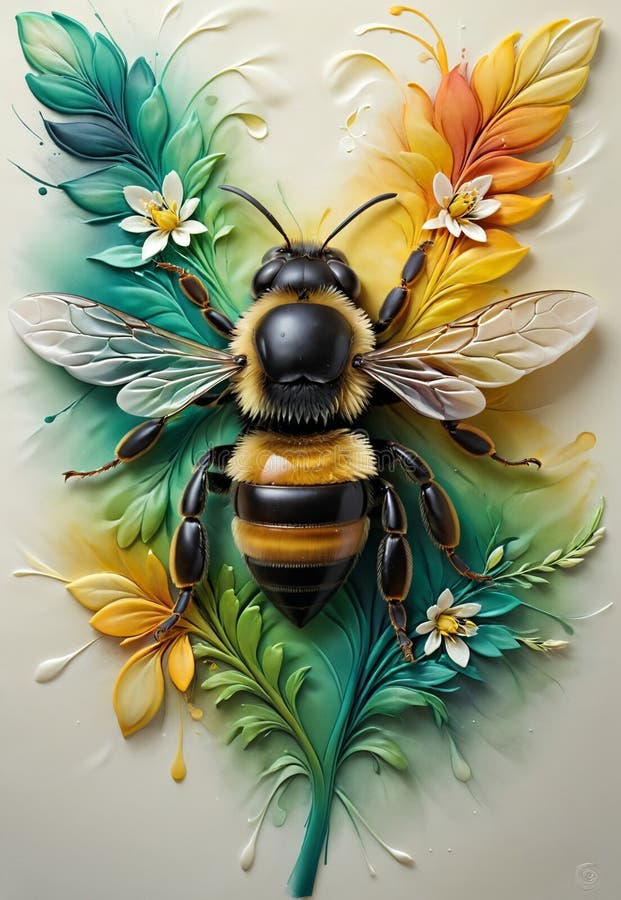 Bee on a Beautiful Flower, 3D Image Stock Image - Image of yellow, wings: 343641185