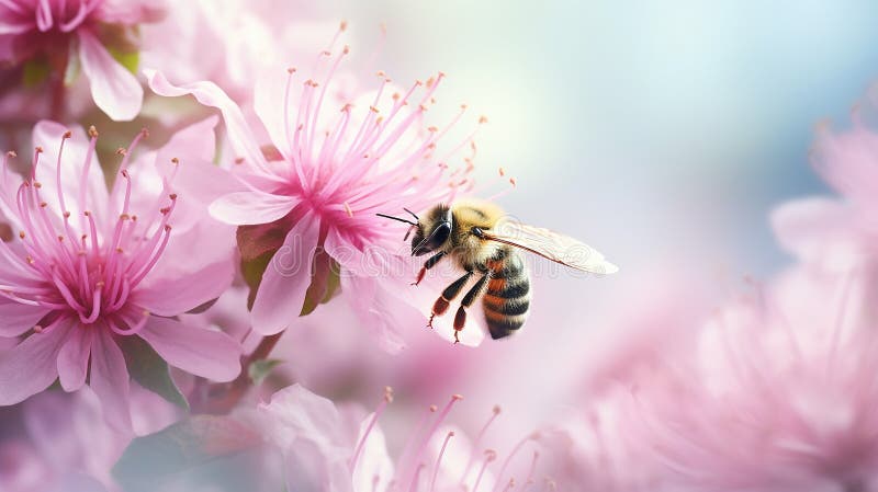 Bee and Beautiful Pink Flower, Spring Summer Season. Generative Ai ...
