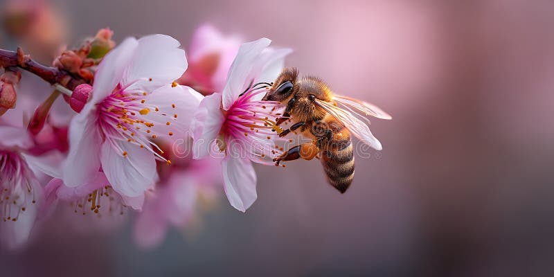 Bee on Blossom Stunning CloseUp of Pollination in Nature Stock ...