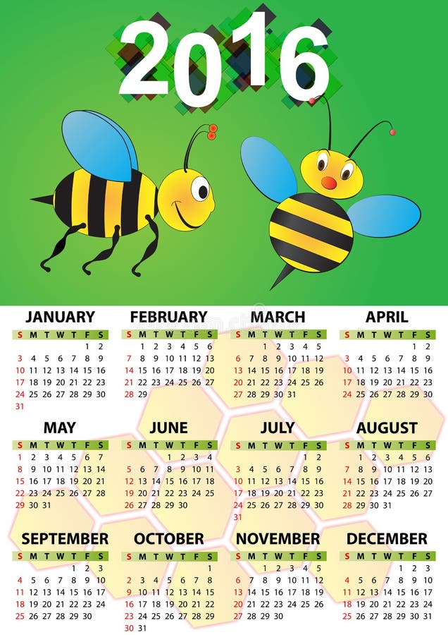 2016 bee calendar stock vector. Illustration of week - 62419738