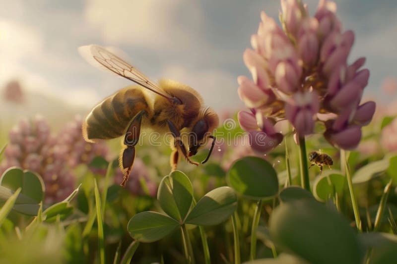 Bee Collecting Nectar from Clover Stock Illustration - Illustration of ...