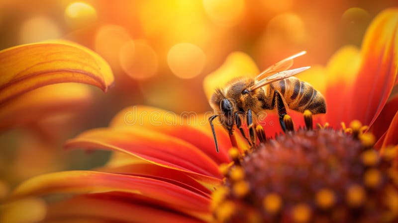 Bee Collecting Nectar from a Flower Stock Photo - Image of green ...