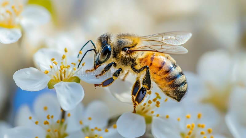 Bee Collecting Nectar White Flowers Close Up Pollination Process Stock ...