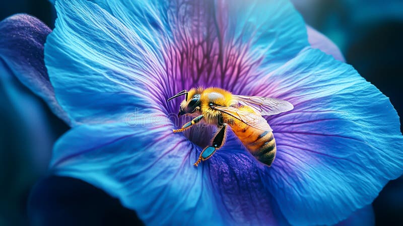 Bee Collecting Pollen from Blue Flower Stock Illustration ...