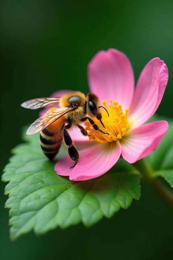 A Bee Collecting Pollen from a Flower on a Leaf Insect Pollination ...