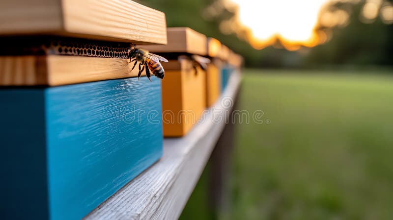 Bee on Colorful Beehive at Sunset, Natures Teamwork in Action Stock ...