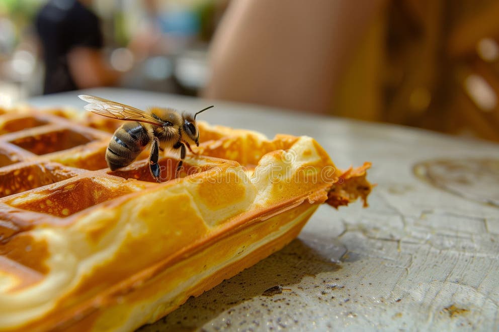 Bee on the Corner of a Belgian Waffle Stock Image - Image of nature ...