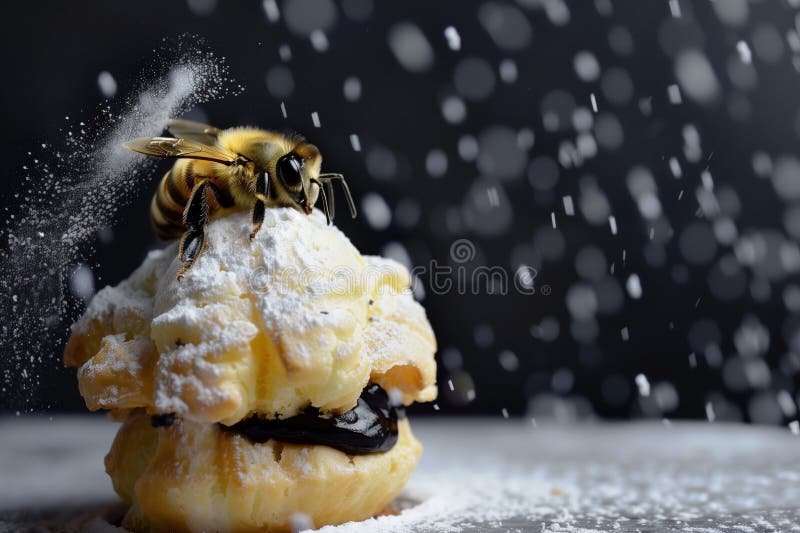 Bee on a Cream Puff Sprinkled with Powdered Sugar Stock Image - Image ...