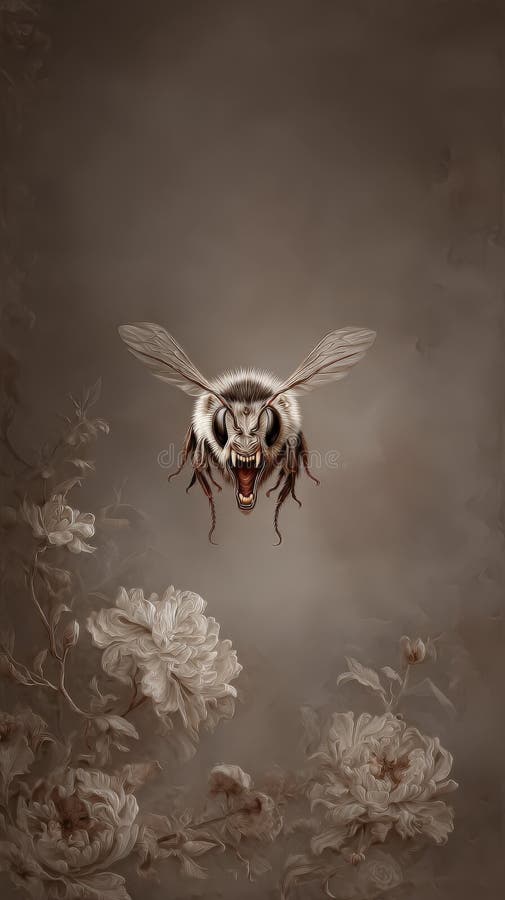 Fiercely Dramatic Bee Set Against a Floral Motif Stock Illustration ...