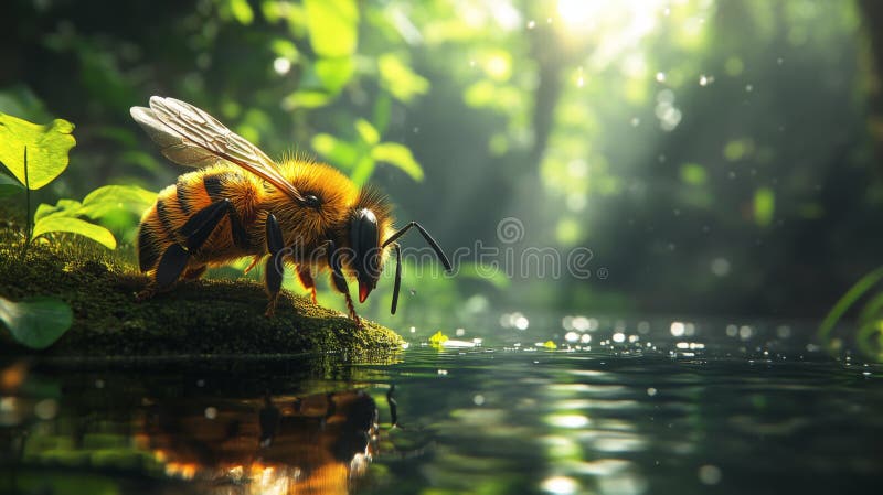 Bee Drinking Water in a Forest Stream Stock Illustration - Illustration ...