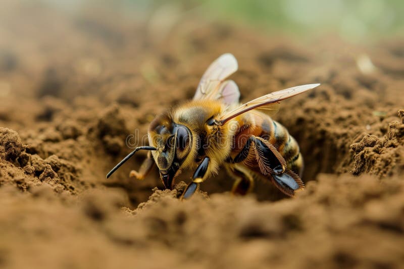 Bee Emerging from a Burrow in a Dirt Ground Nest Stock Image - Image of ...