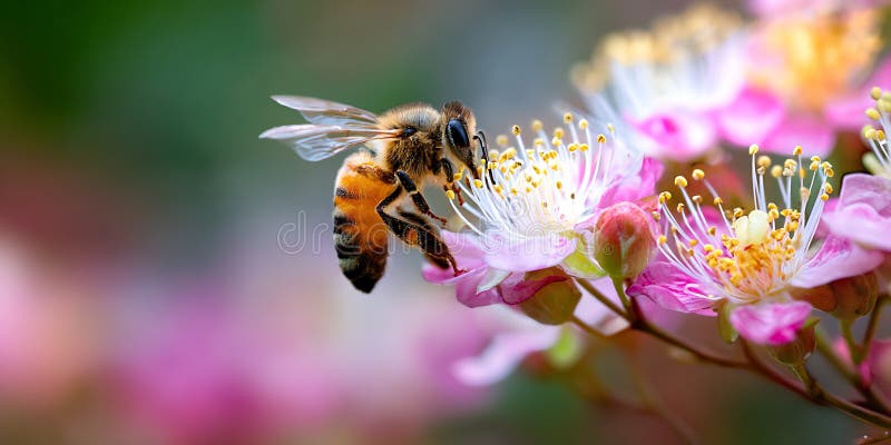 Bee in Flight Gathering Pollen from Pink Flowers Stock Illustration ...