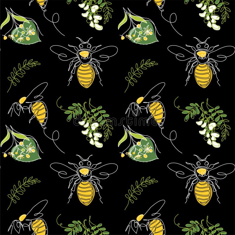 Bee Floral Vector Pattern on Black Background Stock Vector ...