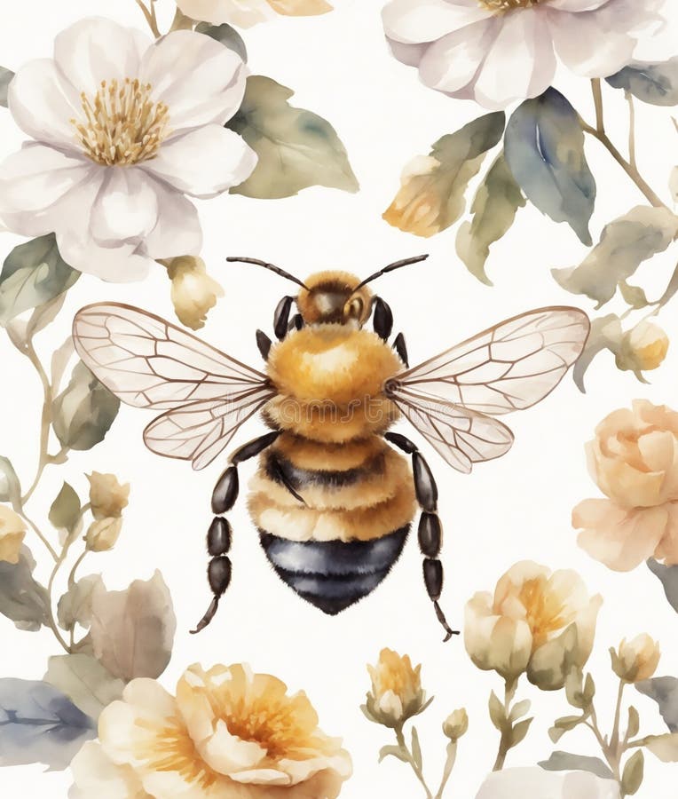 Bee on a Flower on a White Background Watercolor Graphics..bee on a ...