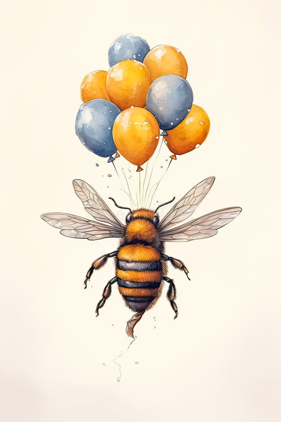 A Bee is Flying with a Bunch of Balloons Stock Photo - Image of ...