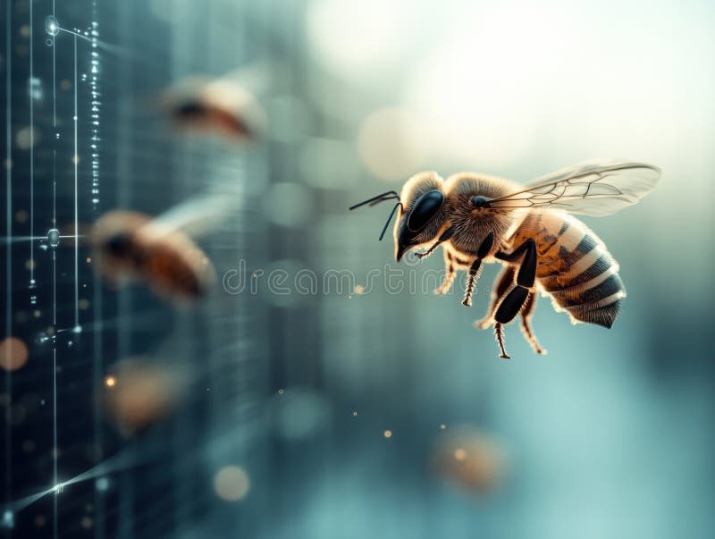 A Bee is Flying in Front of a Digital Wall with a Lot of Lines Stock ...