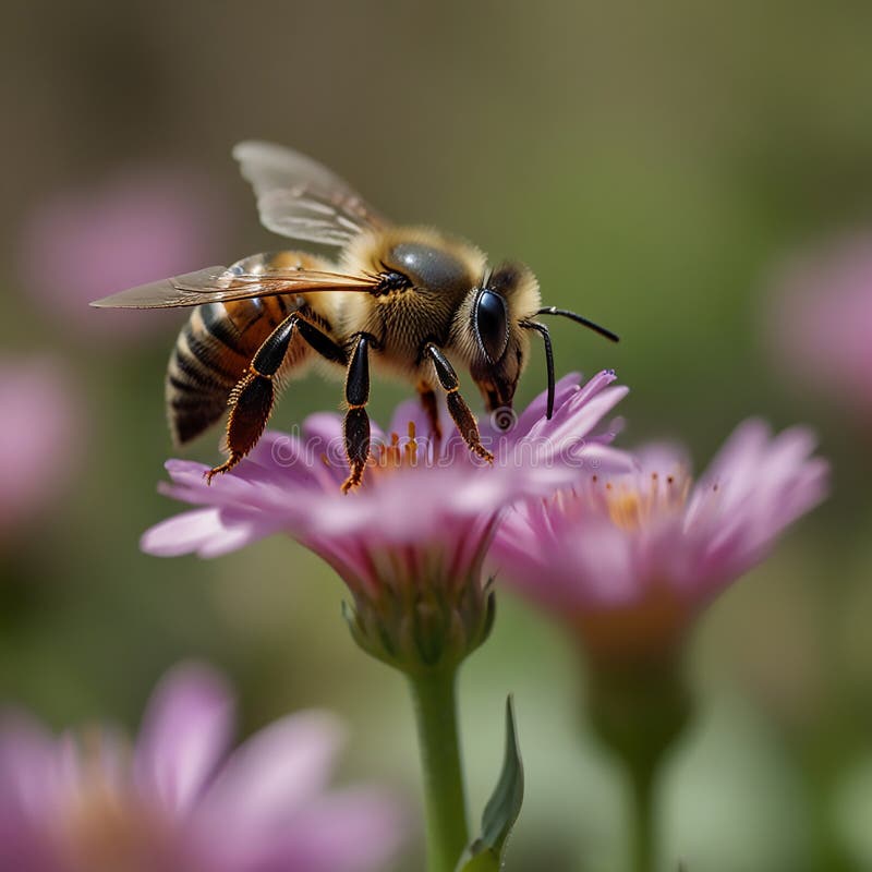 A Bee is Flying Over a Flower with Its Wings Open and Eyes Closed, with ...