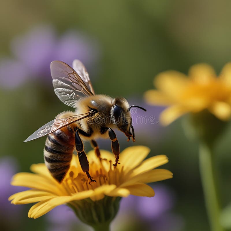 A Bee is Flying Over a Flower with Its Wings Open and Eyes Closed, with ...