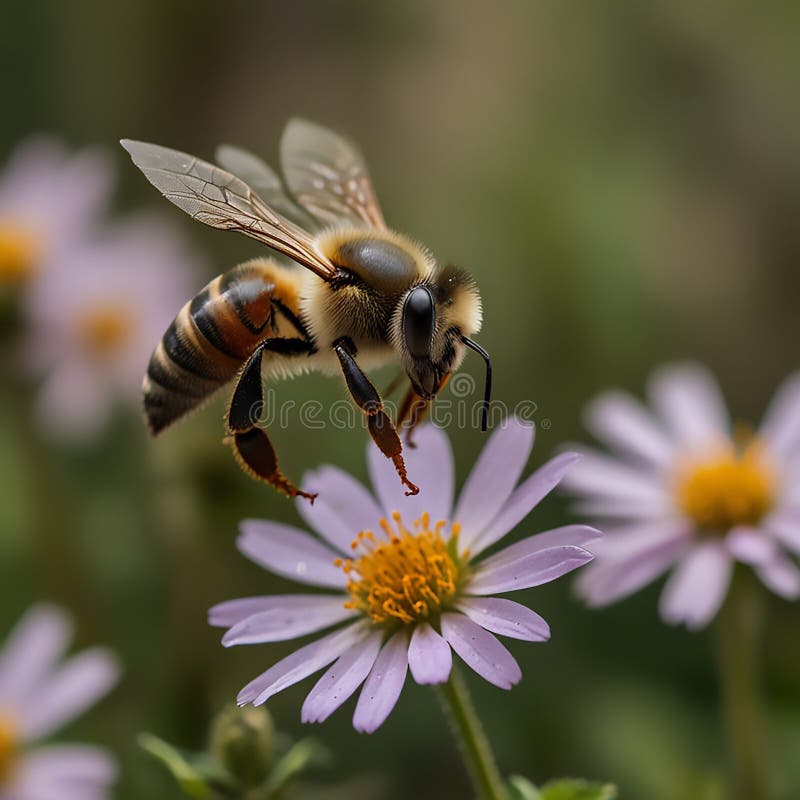 A Bee is Flying Over a Flower with Its Wings Open and Eyes Closed, with ...