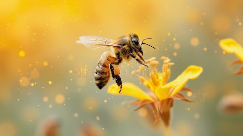 Bee Flying Over Flowers in Meadow, Close Up Stock Image - Image of ...