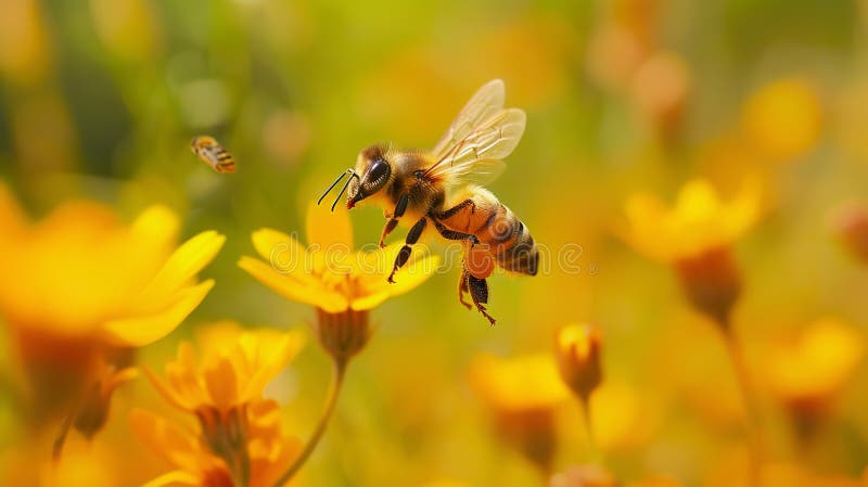 Bee Flying Over Flowers in Meadow, Close Up Stock Photo - Image of ...
